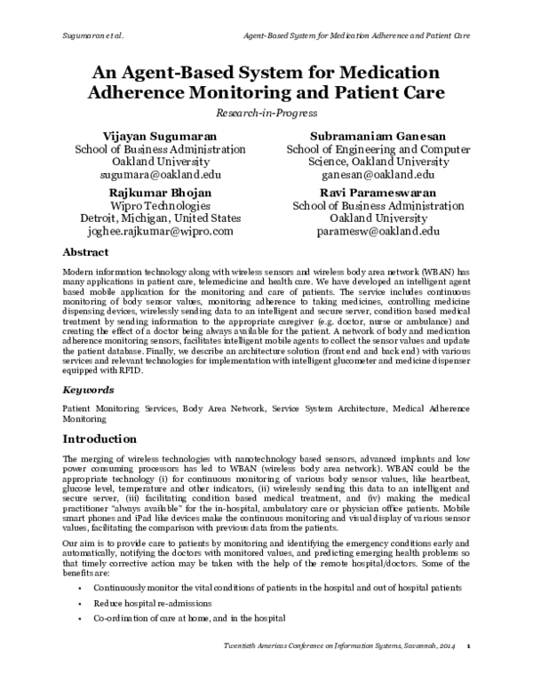 Pdf An Agent Based System For Medication Adherence Monitoring And Patient Care