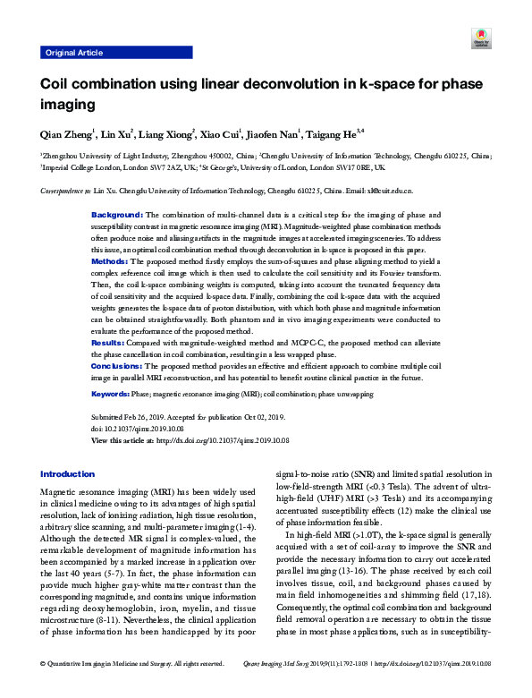 (PDF) Coil combination using linear deconvolution in k-space for phase imaging