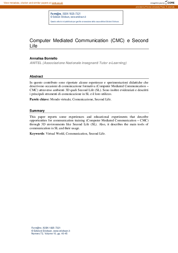 (PDF) Computer Mediated Communication (CMC) e Second Life