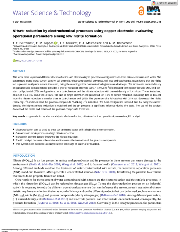 (PDF) Nitrate reduction by electrochemical processes using copper ...