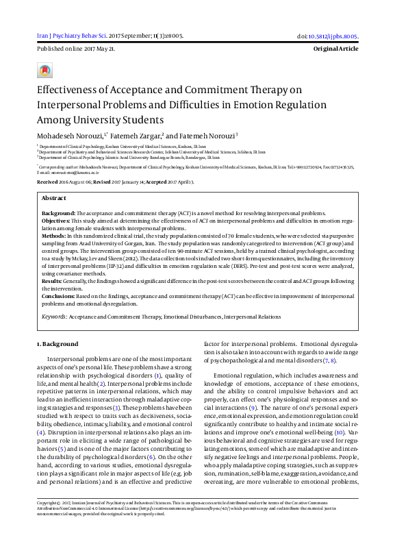 (PDF) Effectiveness of Acceptance and Commitment Therapy on Interpersonal Problems and ...