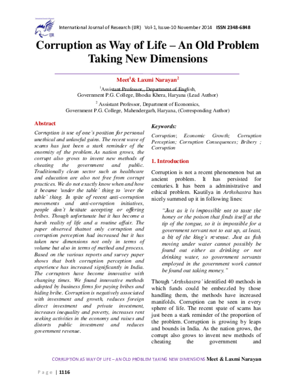 (PDF) Corruption as Way of Life An Old Problem Taking New Dimensions