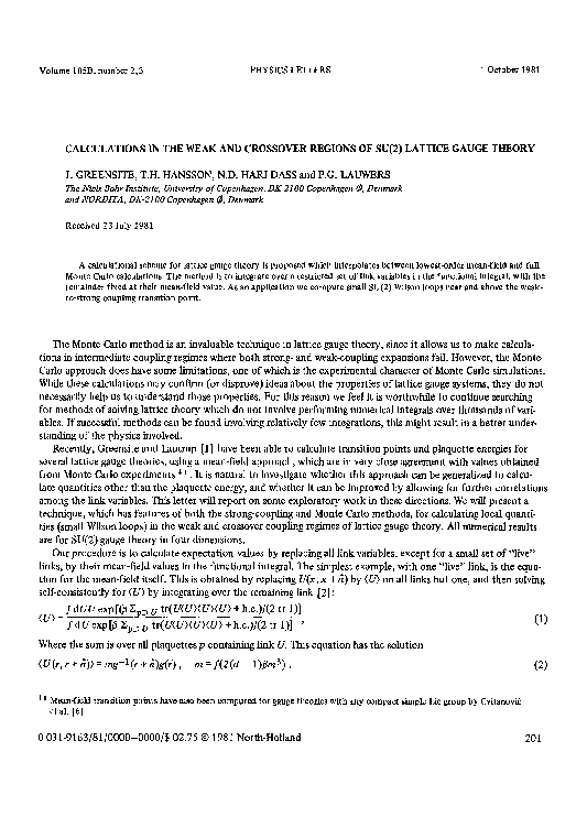 (PDF) Calculations in the weak and crossover regions of SU(2) lattice gauge theory | N D Hari ...