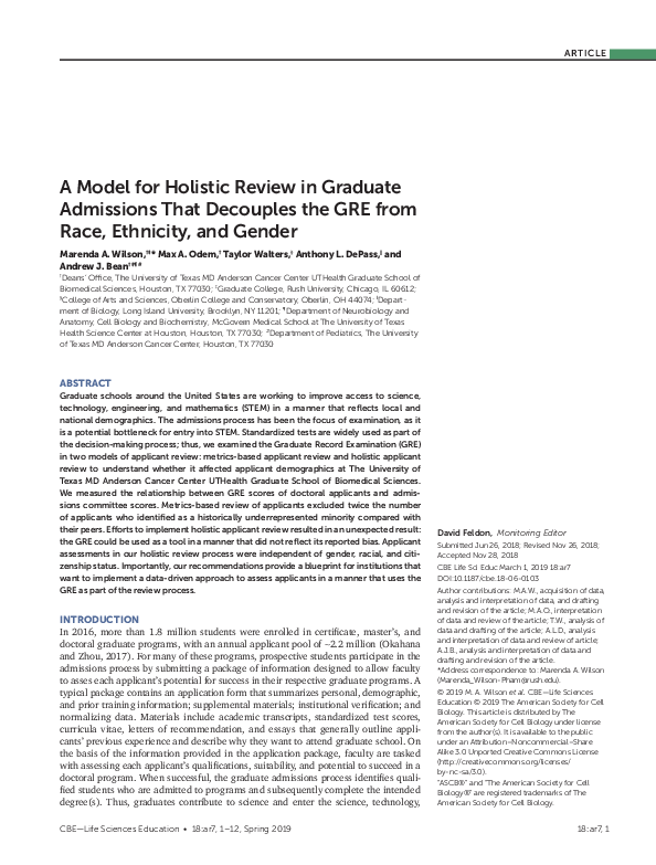 (PDF) A Model for Holistic Review in Graduate Admissions That Decouples ...
