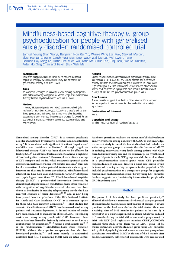 (PDF) Mindfulness-based cognitive therapy v. group psychoeducation for ...