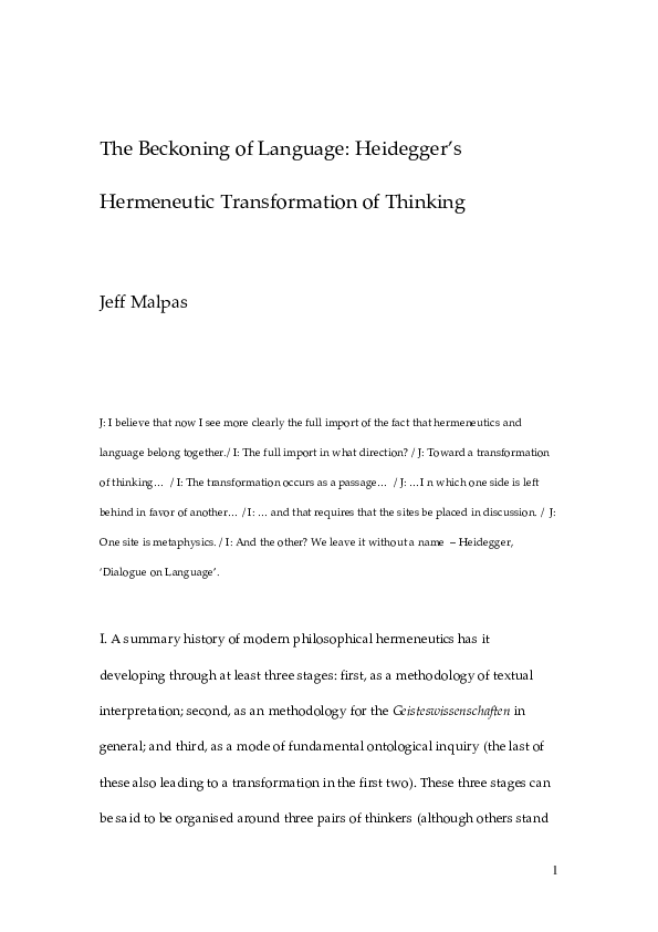 (PDF) The Beckoning of Language: Heidegger's Hermeneutic Transformation of Thinking