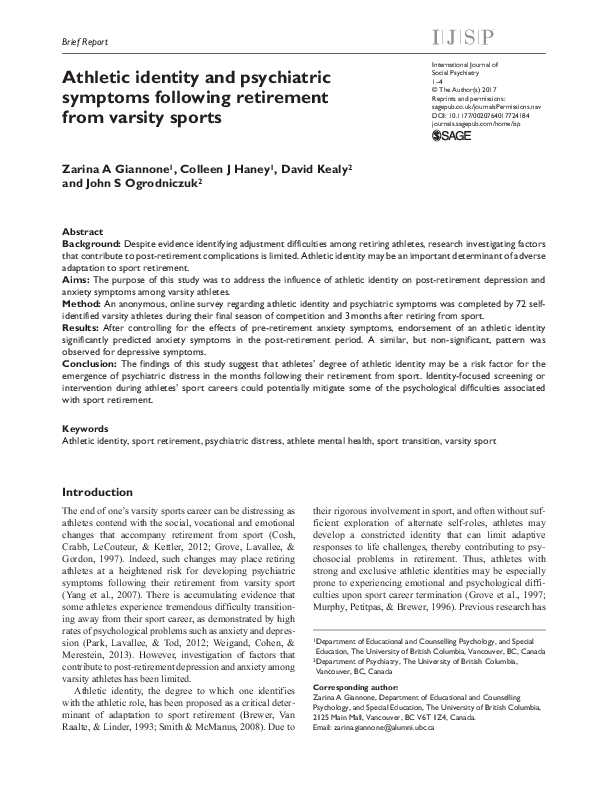 (PDF) Athletic identity and psychiatric symptoms following retirement ...