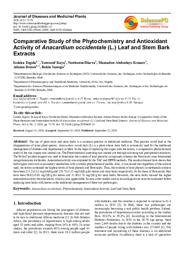 (PDF) Comparative Study of the Phytochemistry and Antioxidant Activity of Anacardium occidentale ...