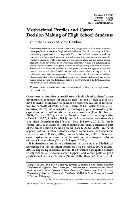 (PDF) Motivational Profiles and Career Decision Making of High School ...