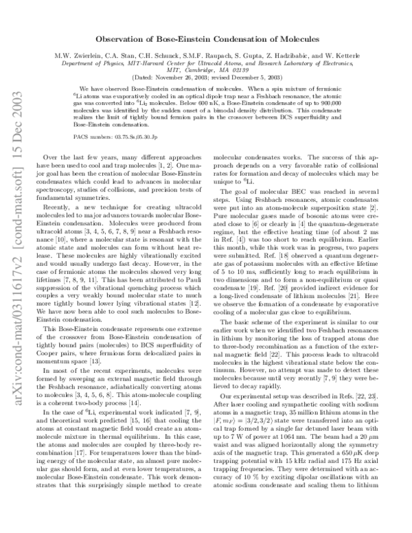 Pdf Observation Of Bose Einstein Condensation Of Molecules