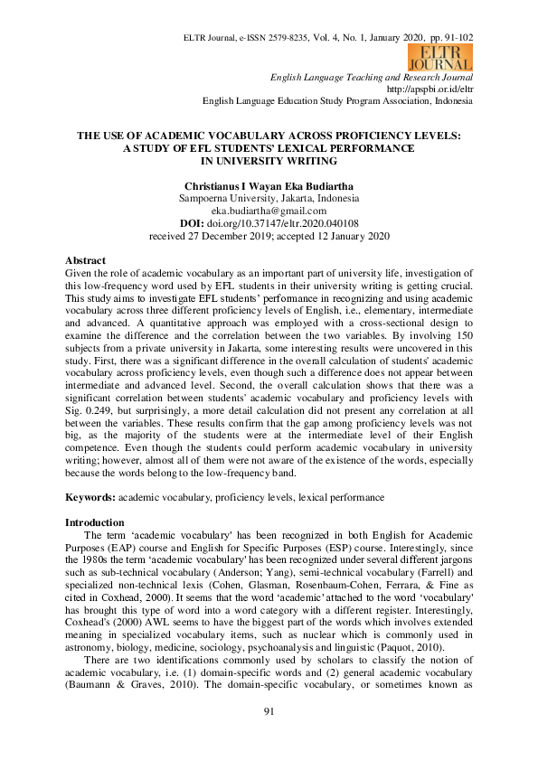 (PDF) The Use of Academic Vocabulary Across Proficiency Levels: A Study of Efl Students’ Lexical ...
