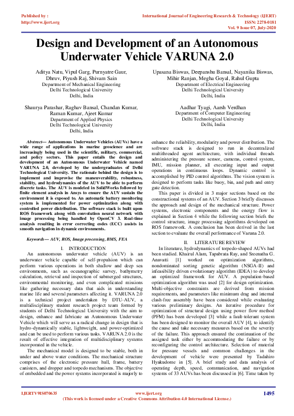 (PDF) Design and Development of an Autonomous Underwater Vehicle VARUNA 2.0