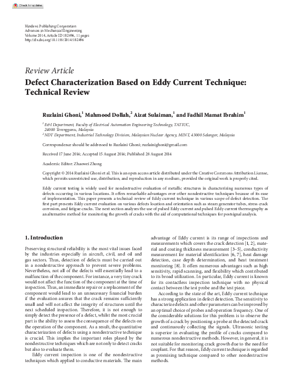 Pdf Defect Characterization Based On Eddy Current Technique