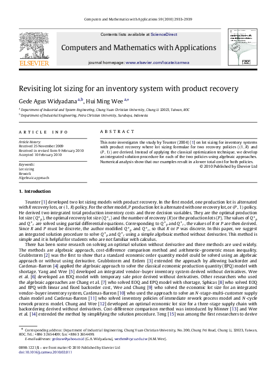 (PDF) Revisiting lot sizing for an inventory system with product recovery