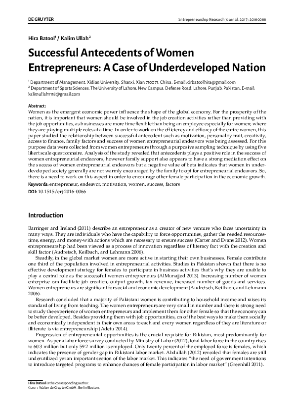 (PDF) Successful Antecedents of Women Entrepreneurs: A Case of ...