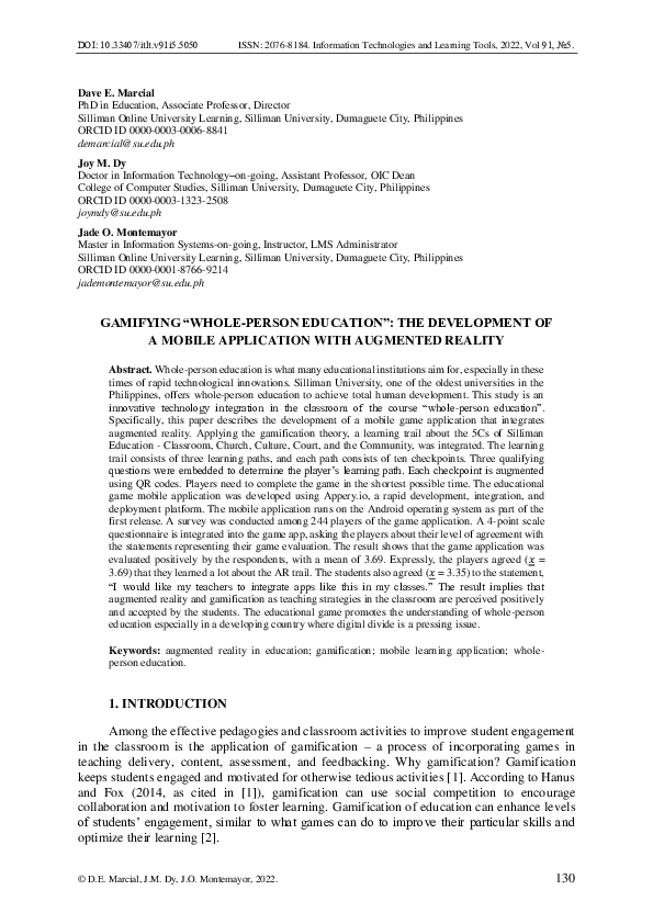 (PDF) Gamifying “Whole-Person Education”: The Development of a Mobile Application with Augmented ...