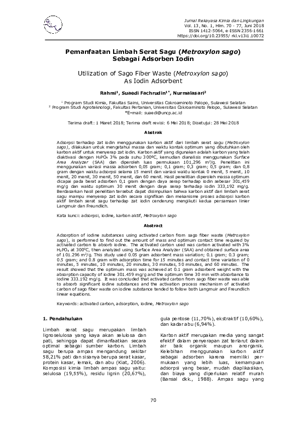 (PDF) Pemanfaatan Limbah Serat Sagu (Metroxylon sago) Sebagai Adsorben ...
