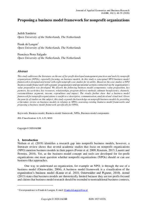 (PDF) Proposing a business model framework for nonprofit organizations