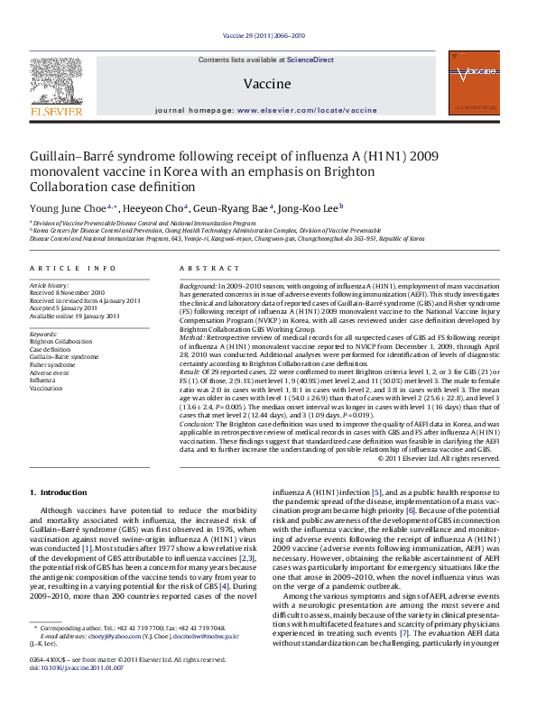 (PDF) Guillain–Barré syndrome following receipt of influenza A (H1N1 ...