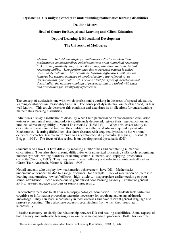 (PDF) Dyscalculia: A unifying concept in understanding mathematics ...