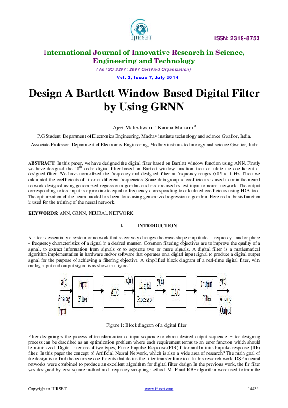 (PDF) Design A Bartlett Window Based Digital Filterby Using GRNN