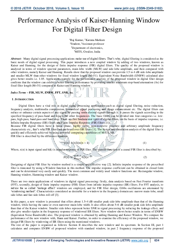 (PDF) Performance Analysis of Kaiser-Hanning Window For Digital Filter Design