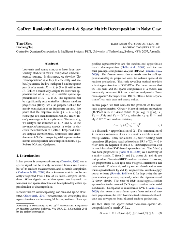 Pdf Godec Randomized Low Rank And Sparse Matrix Decomposition In Noisy Case