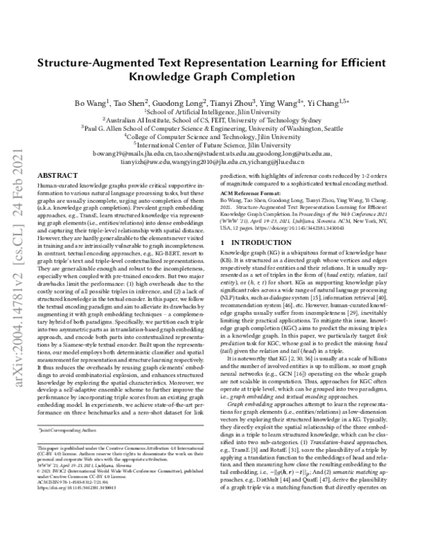 Pdf Structure Augmented Text Representation Learning For Efficient Knowledge Graph Completion 2923