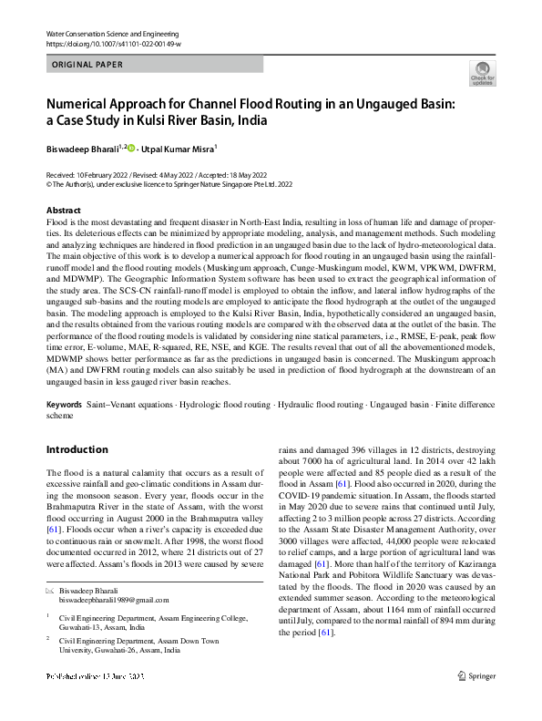 (PDF) Numerical Approach for Channel Flood Routing in an Ungauged Basin: a Case Study in Kulsi ...