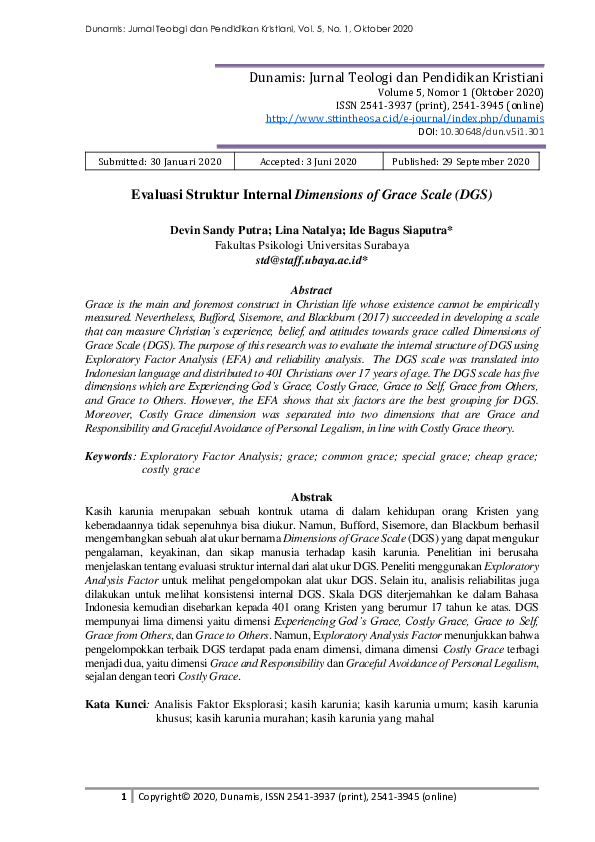 (PDF) Evaluasi Struktur Internal Dimensions of Grace Scale (DGS)