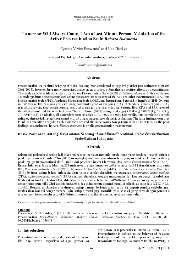 (PDF) Tomorrow Will Always Come, I am a Last-Minute Person: Validation ...