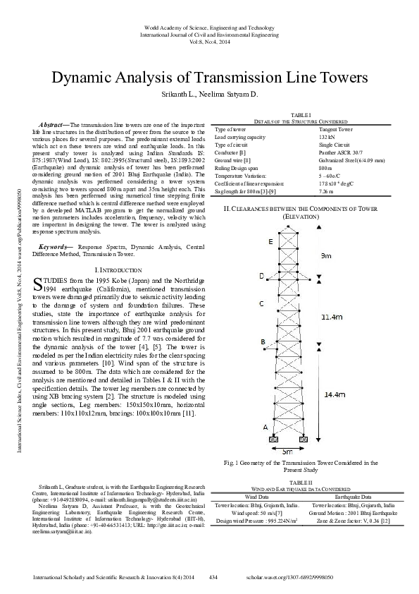 (PDF) Dynamic Analysis Of Transmission Line Towers