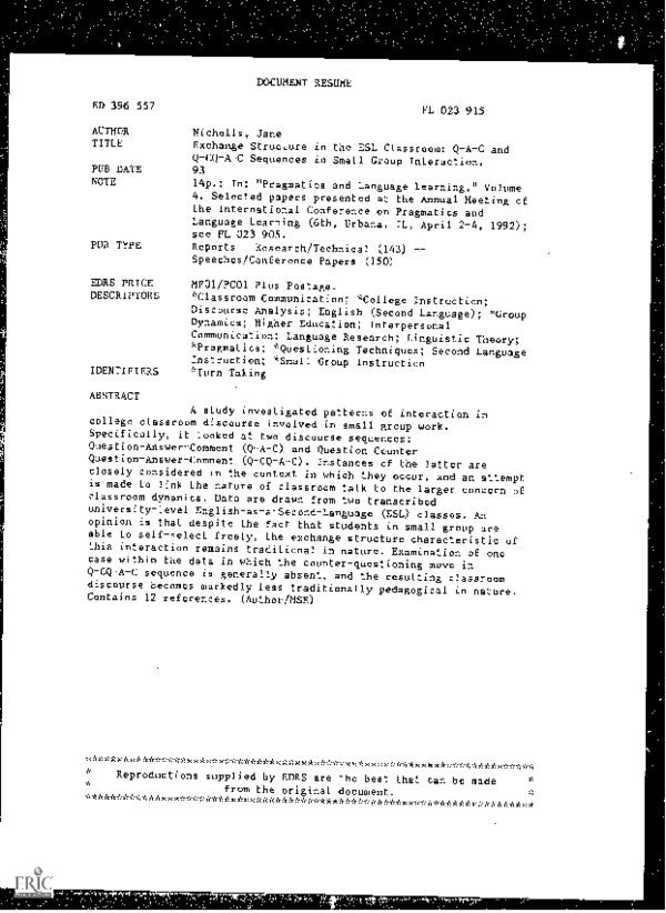 (PDF) Exchange Structure in the ESL Classroom: Q-A-C and Q-CQ-A-C ...