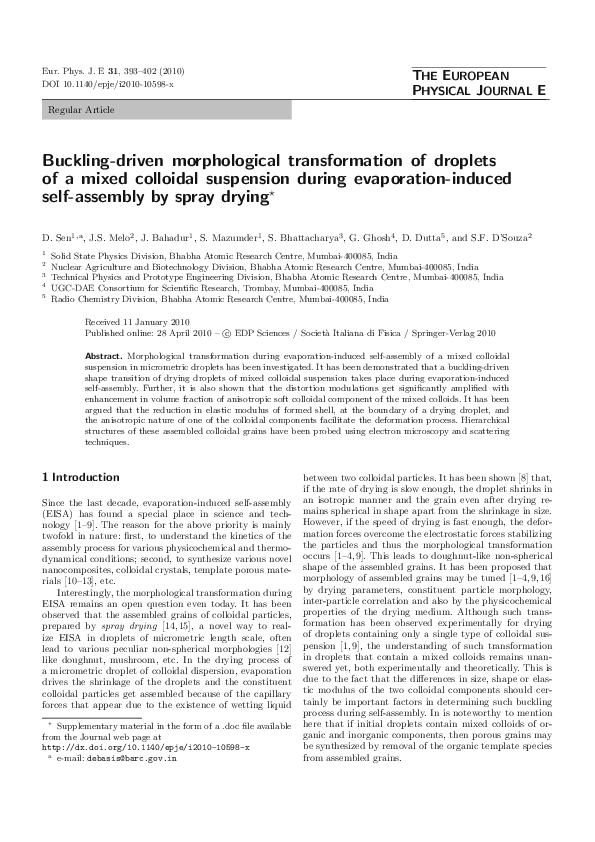 Pdf Buckling Driven Morphological Transformation Of Droplets Of A