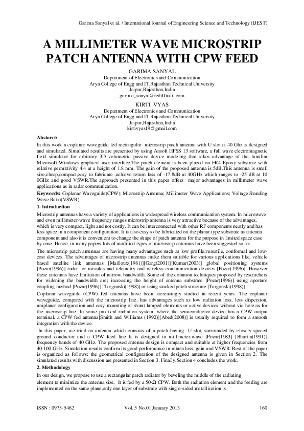 (PDF) A Millimeter Wave Microstrip Patch Antenna with CPW Feed