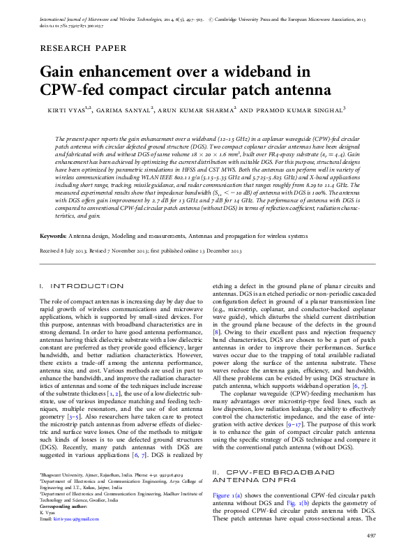 (PDF) Gain enhancement over a wideband in CPW-fed compact circular patch antenna