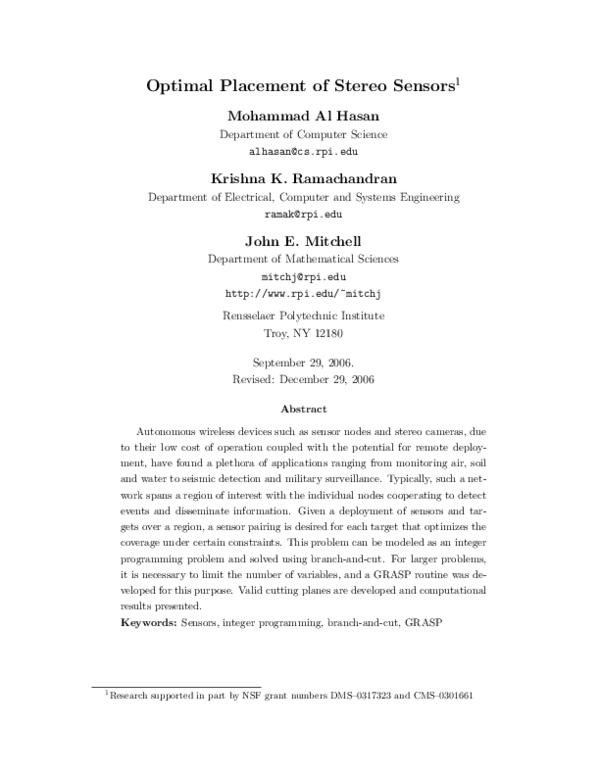 (PDF) Optimal placement of stereo sensors