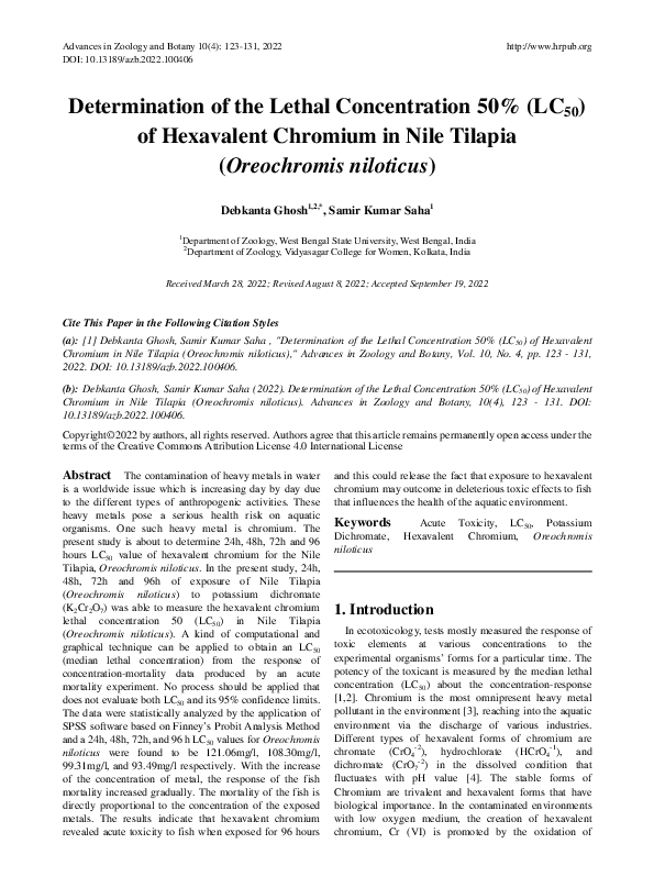 (PDF) Determination of the Lethal Concentration 50% (LC 50 ) of Hexavalent Chromium in Nile ...