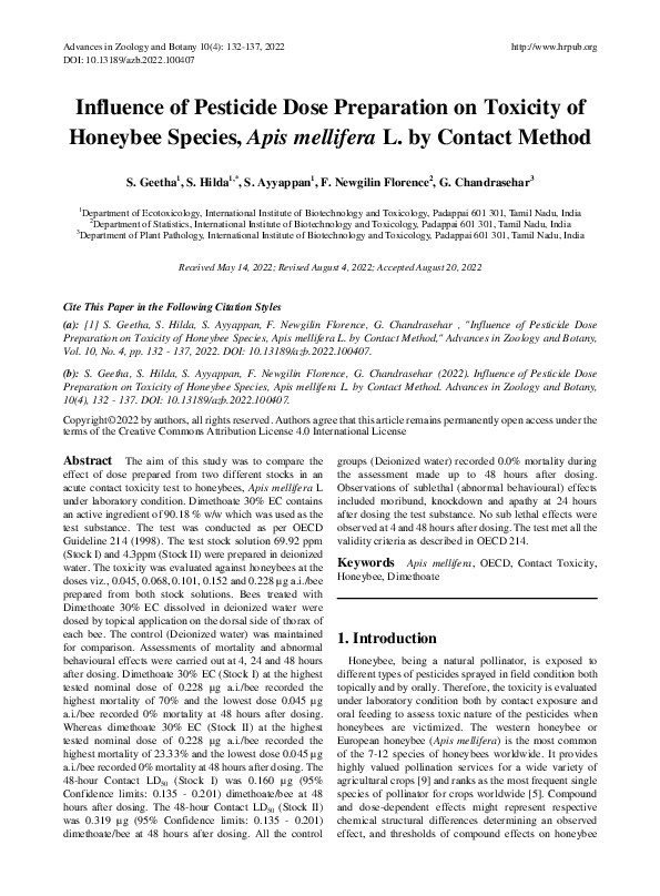 (PDF) Influence of Pesticide Dose Preparation on Toxicity of Honeybee ...