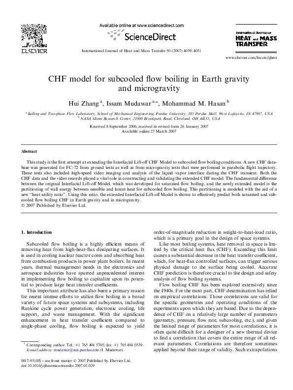(PDF) CHF model for subcooled flow boiling in Earth gravity and microgravity