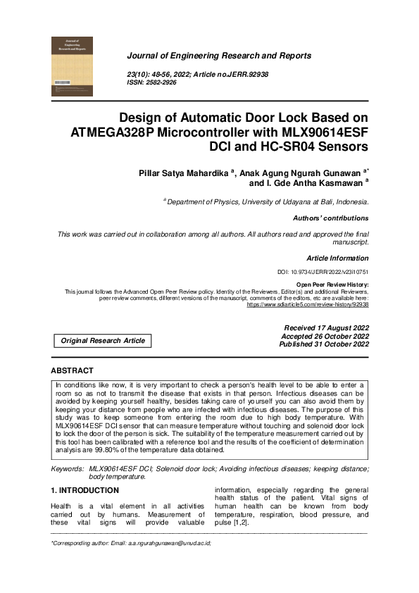 (PDF) Design of Automatic Door Lock Based on ATMEGA328P Microcontroller with MLX90614ESF DCI and ...