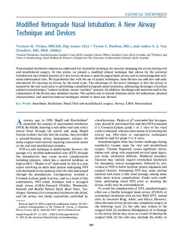 (PDF) Modified Retrograde Nasal Intubation: A New Airway Technique and ...