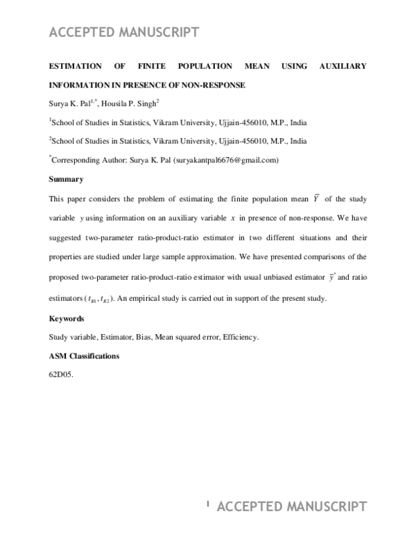 Pdf Estimation Of Finite Population Mean Using Auxiliary Information In Systematic Sampling