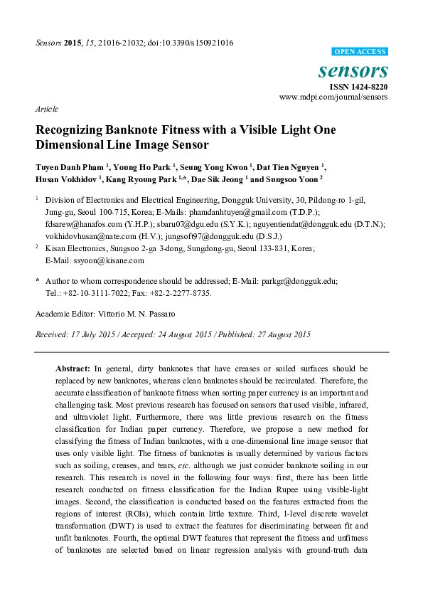 (PDF) Recognizing Banknote Fitness with a Visible Light One Dimensional Line Image Sensor