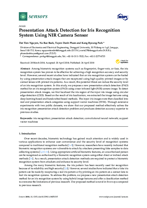 (PDF) Presentation Attack Detection for Iris Recognition System Using NIR Camera Sensor
