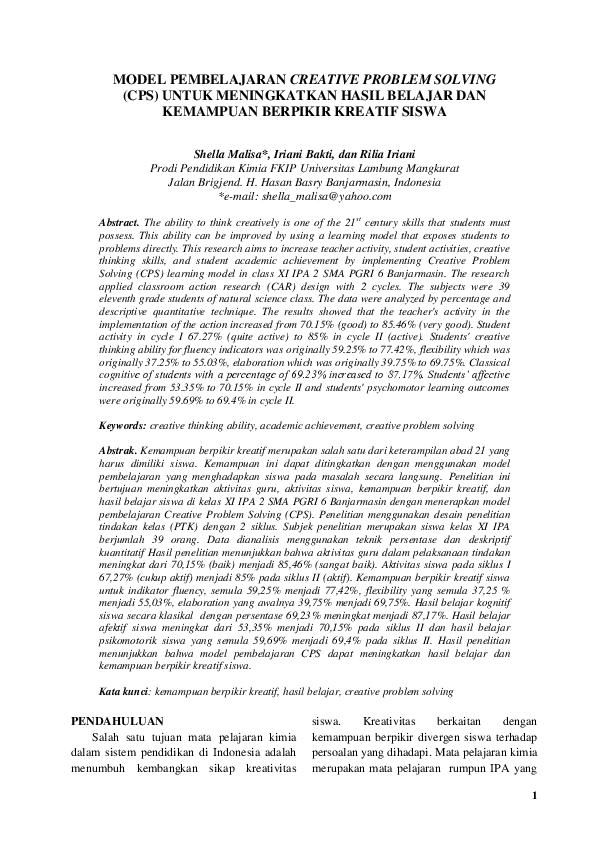 (PDF) Model Pembelajaran Creative Problem Solving (CPS) Untuk Meningkatkan Hasil Belajar Dan ...