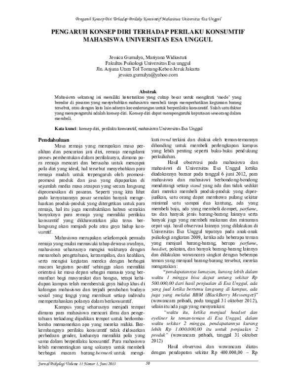 (PDF) Pengaruh Konsep Diri Terhadap Perilaku Konsumtif Mahasiswa Universitas Esa Unggul