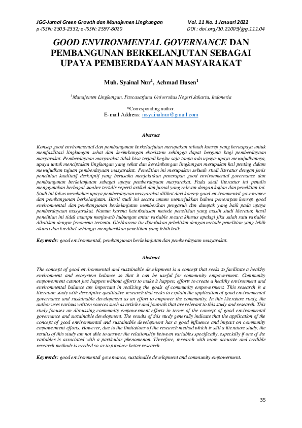 (PDF) Studi Literatur: Penerapan Good Environmental Governance Dan ...