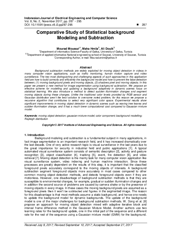 (PDF) Comparative Study of Statistical background Modeling and Subtraction