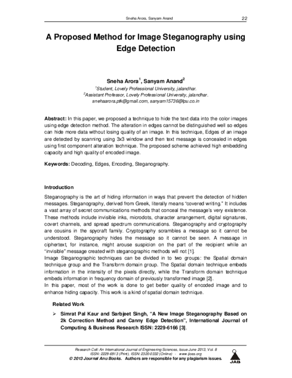 (PDF) A Proposed Method for Image Steganography Using Edge Detection | Sneha Arora - Academia.edu